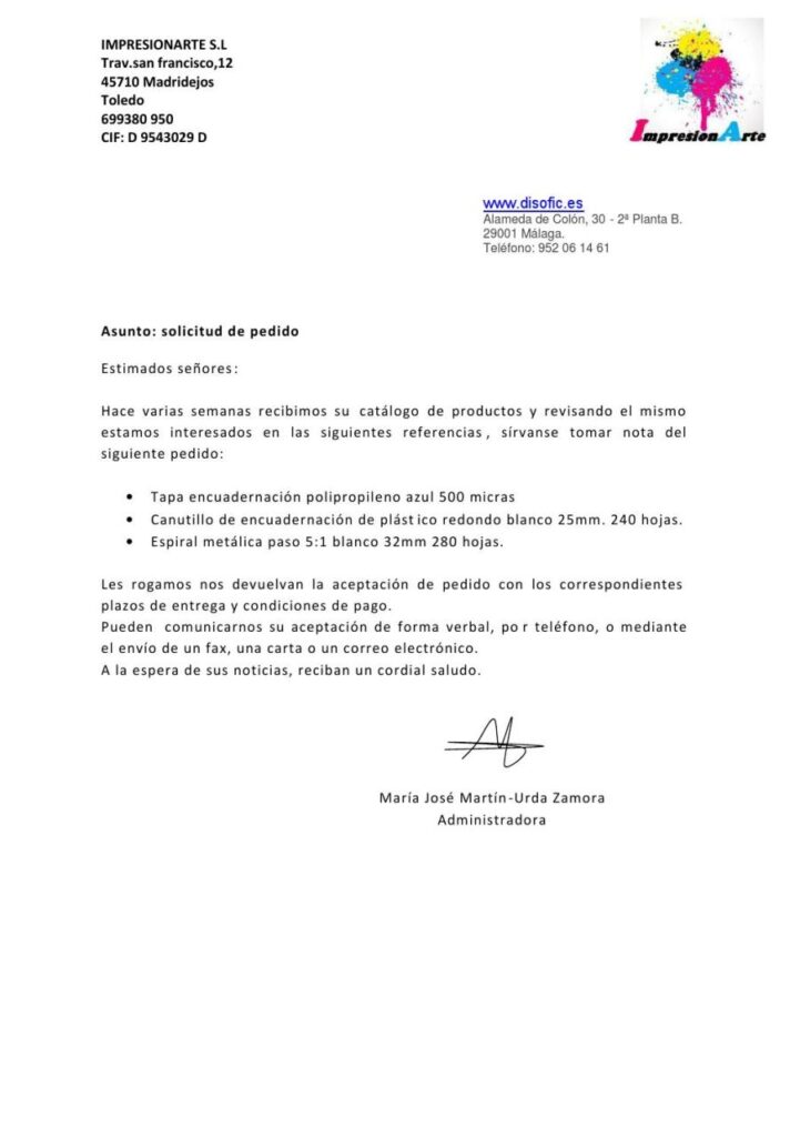Carta de pedido a un proveedor